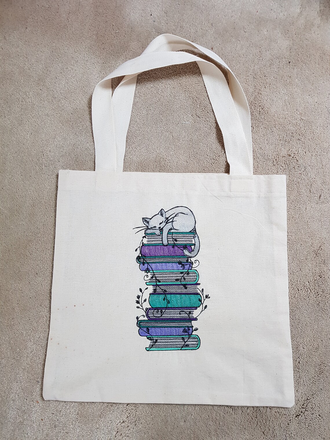 Embroidered Calico Tote Bag Booked Cat | Etsy