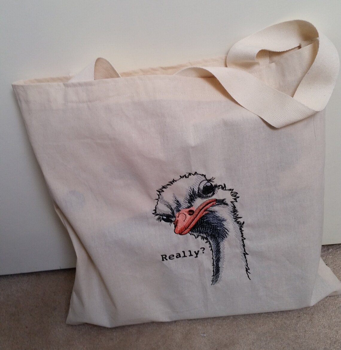 Ostrich really Embroidered Calico Tote Bag - Etsy