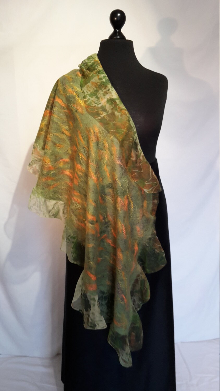 Nuno Felted Wool and Silk Shawl, Green, Sienna, Rusty, Orange Color ...