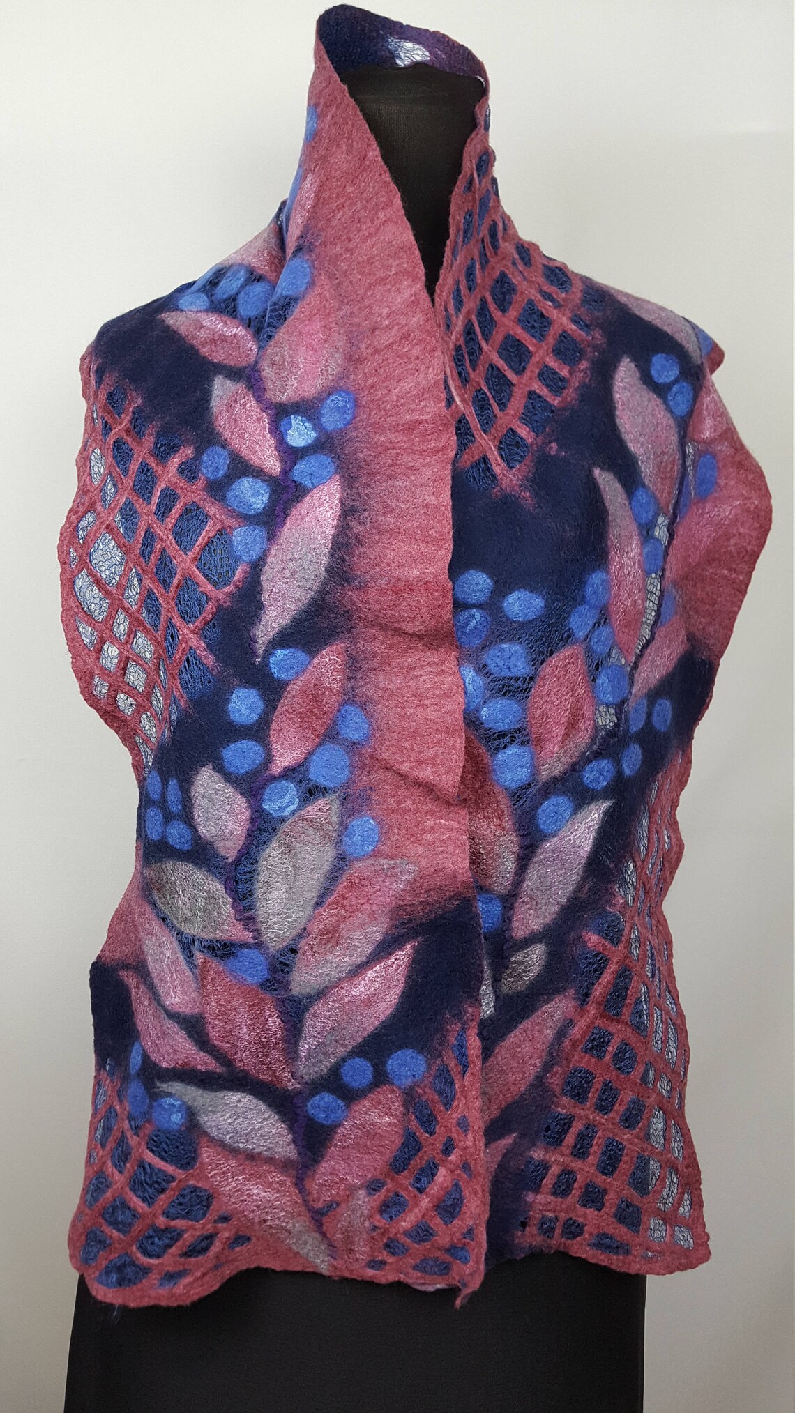 Rose Shawl With Blue Berries and Mesh Unique Long Nuno Felt - Etsy