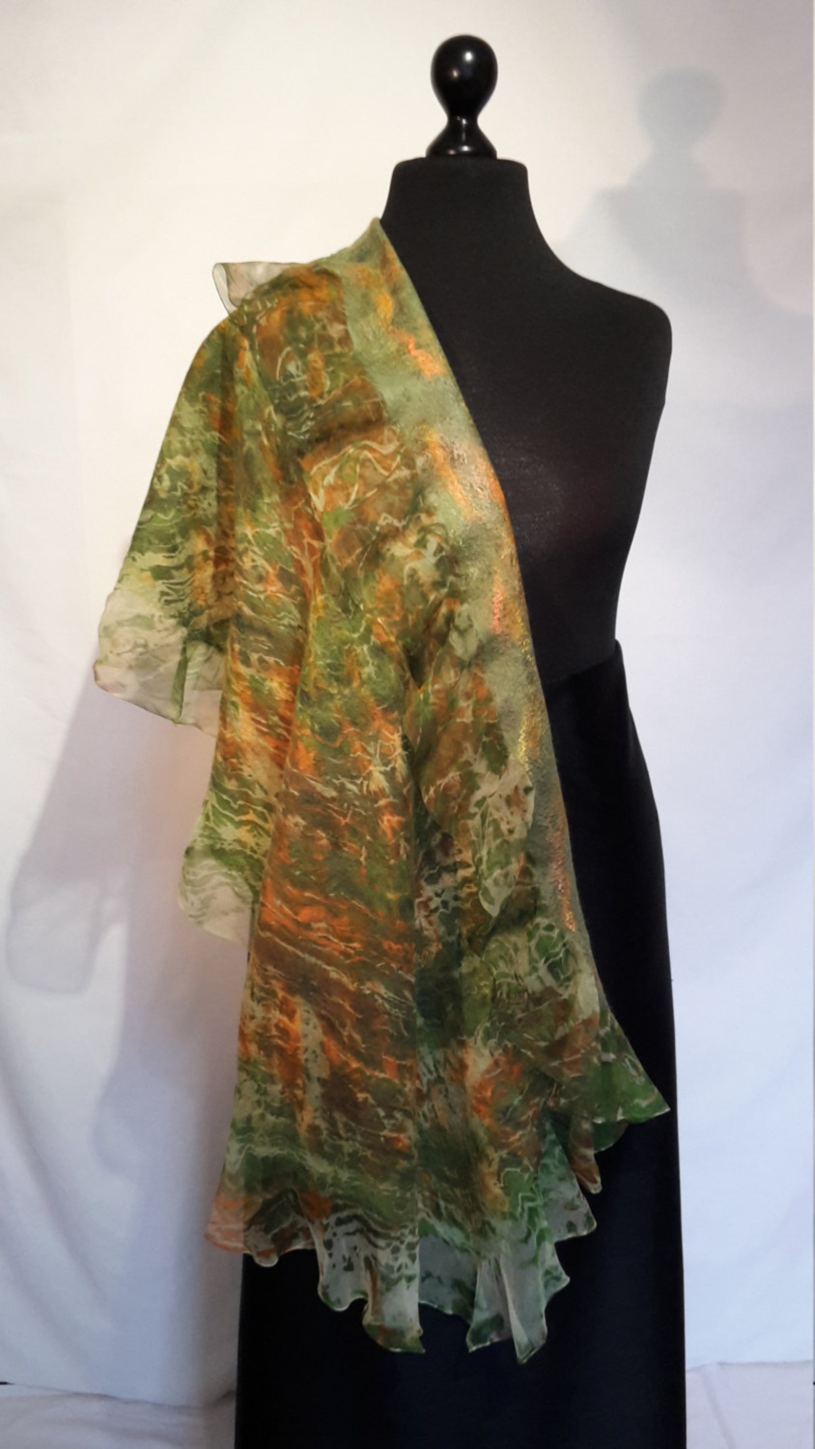 Nuno Felted Wool and Silk Shawl, Green, Sienna, Rusty, Orange Color ...