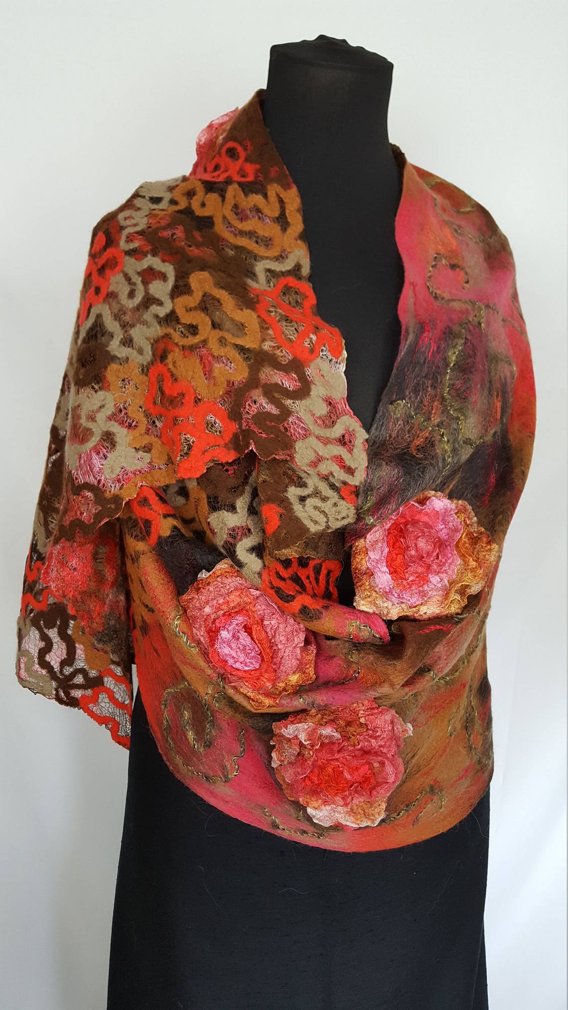 Handmade Felted Wool Shawl With Roses, Nunofelt Scarf - Etsy