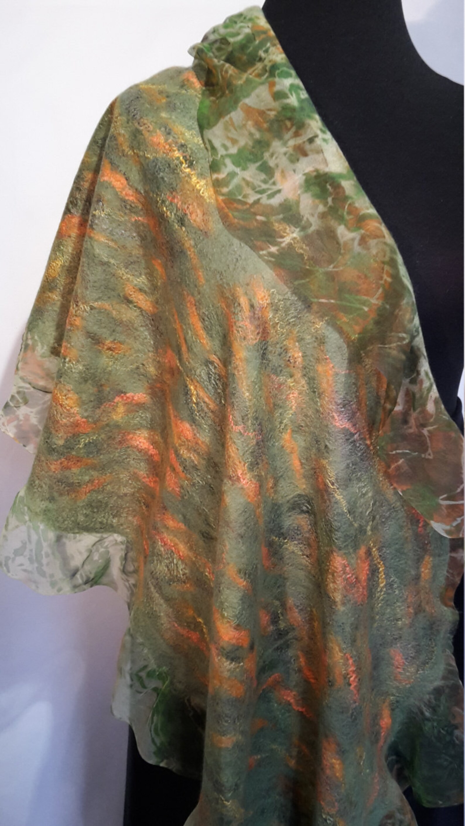 Nuno Felted Wool and Silk Shawl, Green, Sienna, Rusty, Orange Color ...