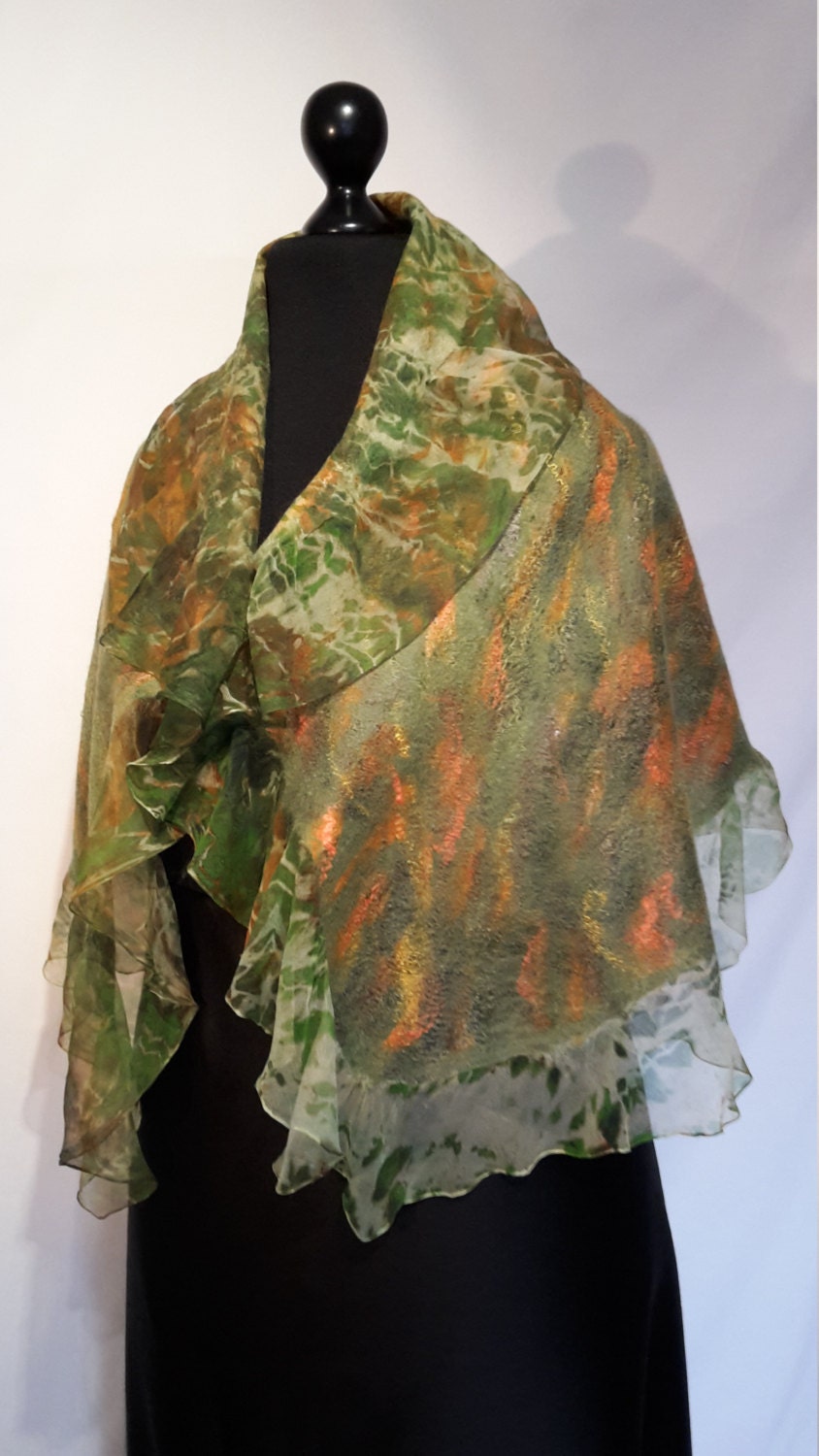Nuno Felted Wool and Silk Shawl, Green, Sienna, Rusty, Orange Color ...