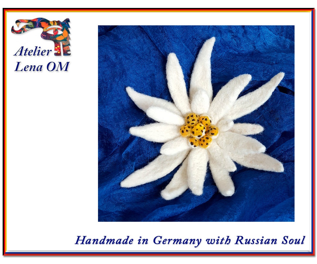 White Yellow Handmade Brooch Edelweiss Flower, Wool Textile Decoration ...