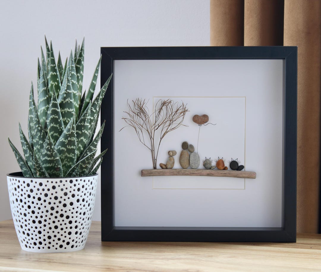 Pebble Art Couple With 3 Cats and a Dog, Valentine's Gift, Anniversary ...