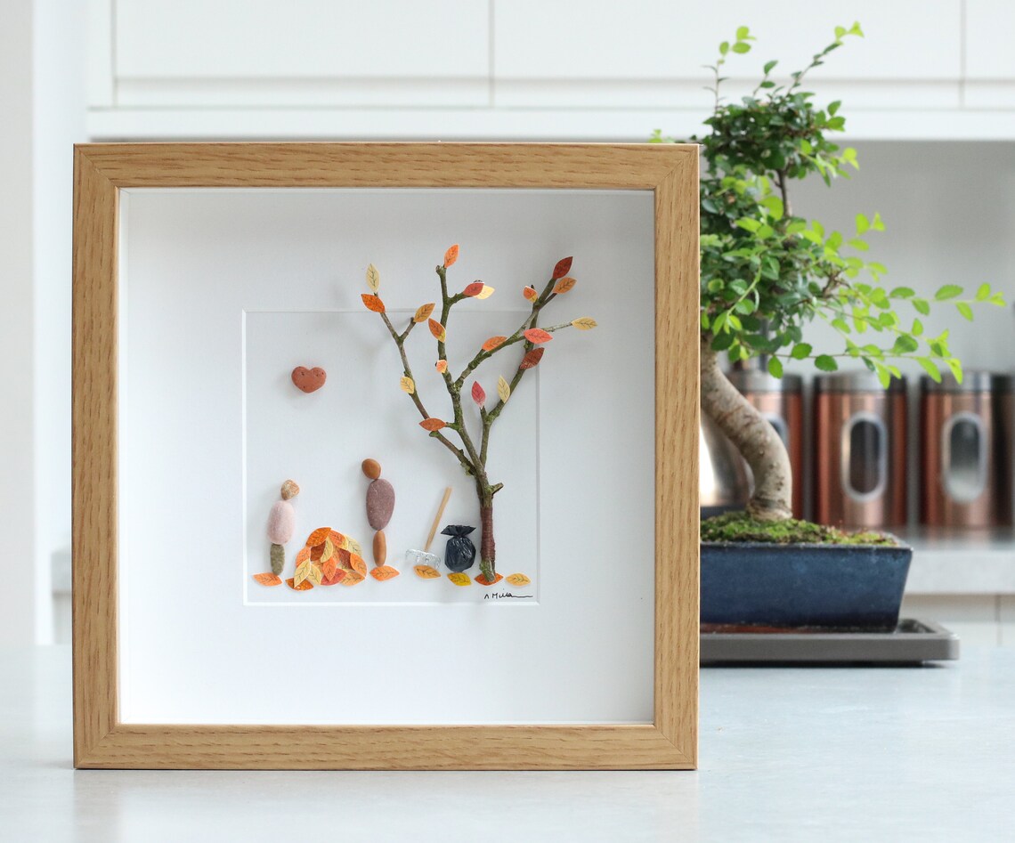 Pebble Art Autumn Scene Autumn Tree With Leave Pile Pebble | Etsy