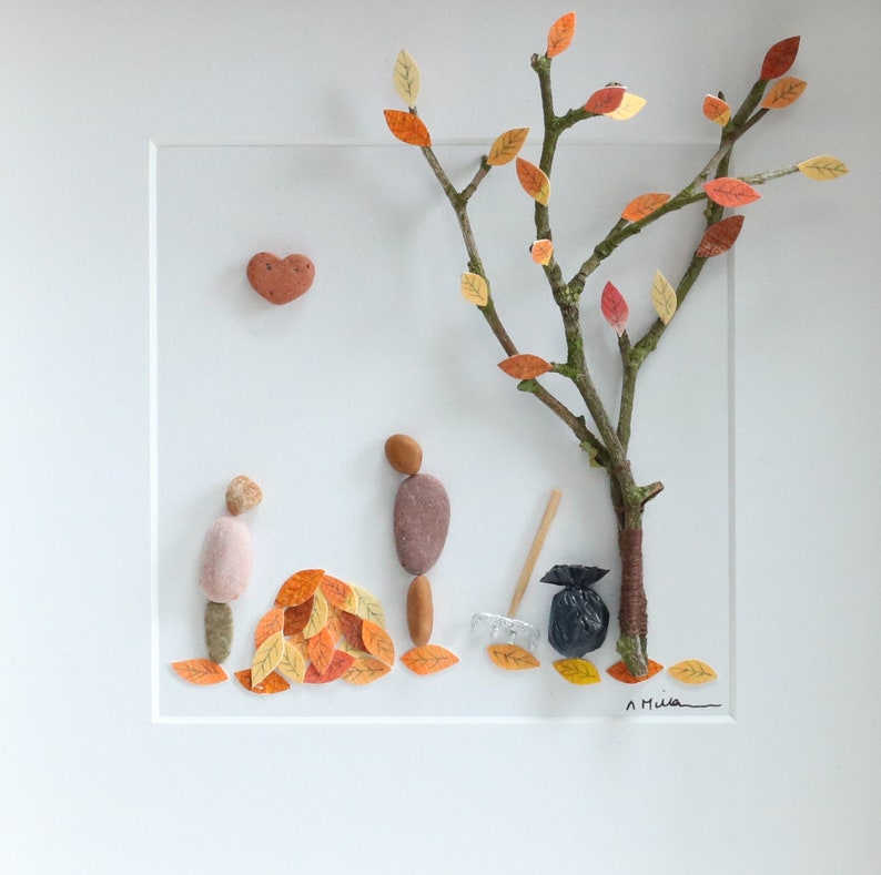 Pebble Art Autumn Scene Autumn Tree With Leave Pile Pebble | Etsy