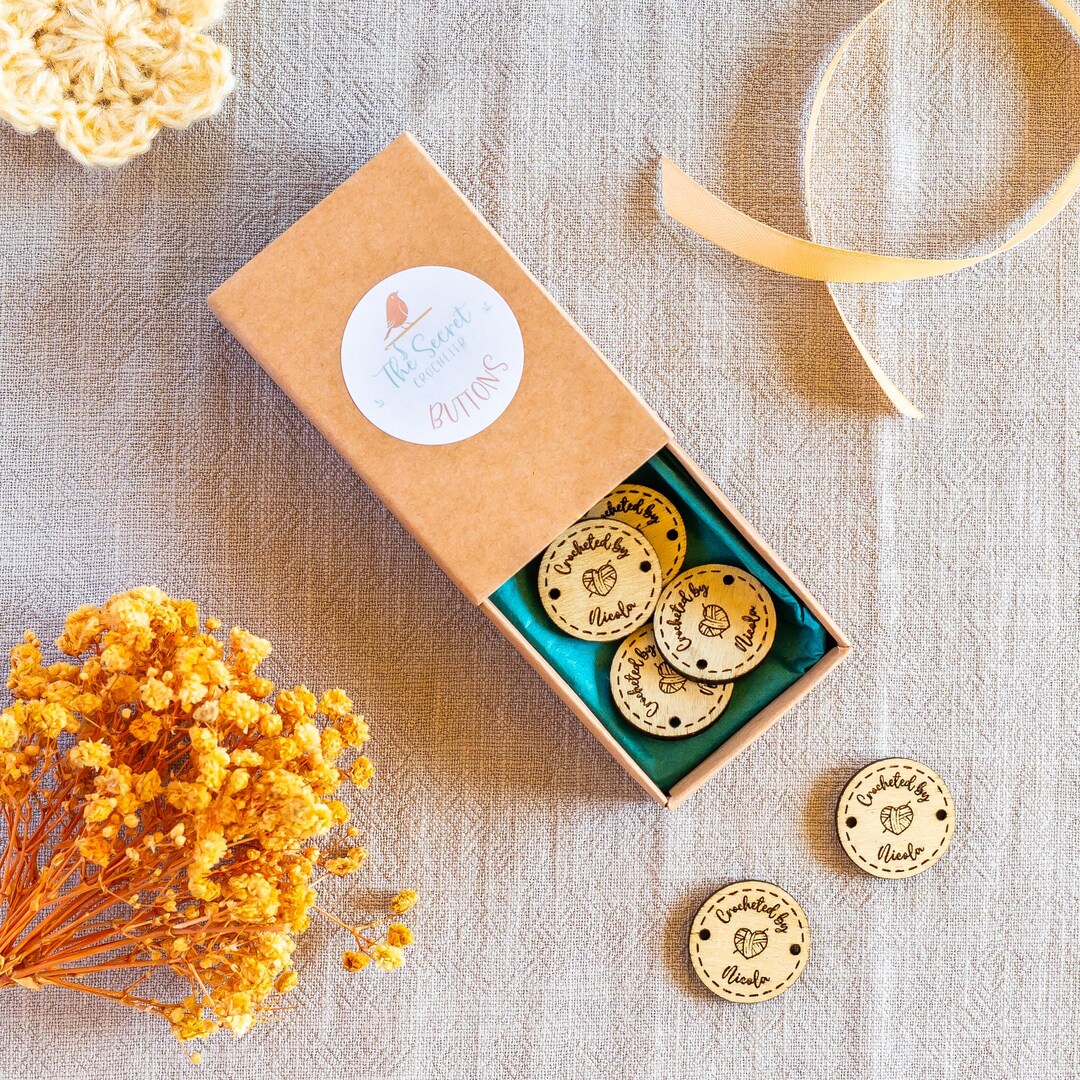 Personalised Wooden Buttons, Crochet Labels for Handmade Items, Custom ...
