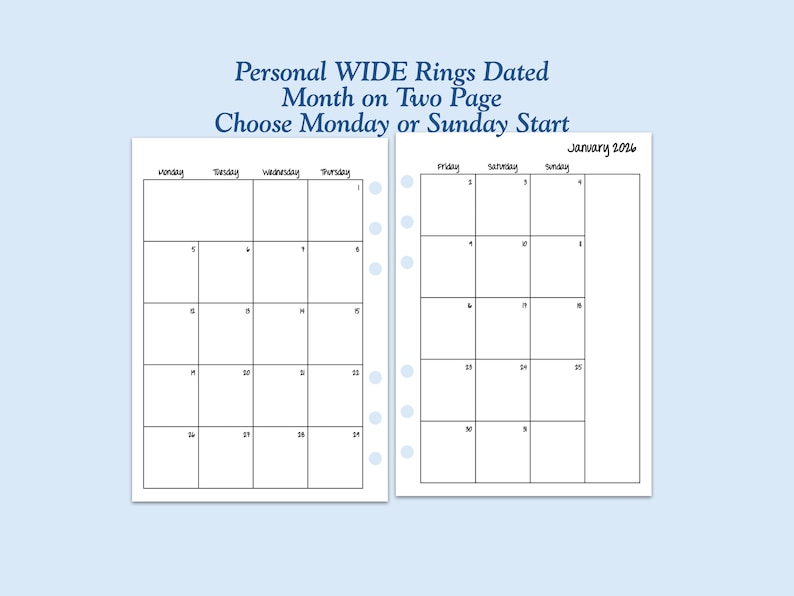 DATED Printed Personal WIDE Size Month on Two Page Ring Planner Inserts ...