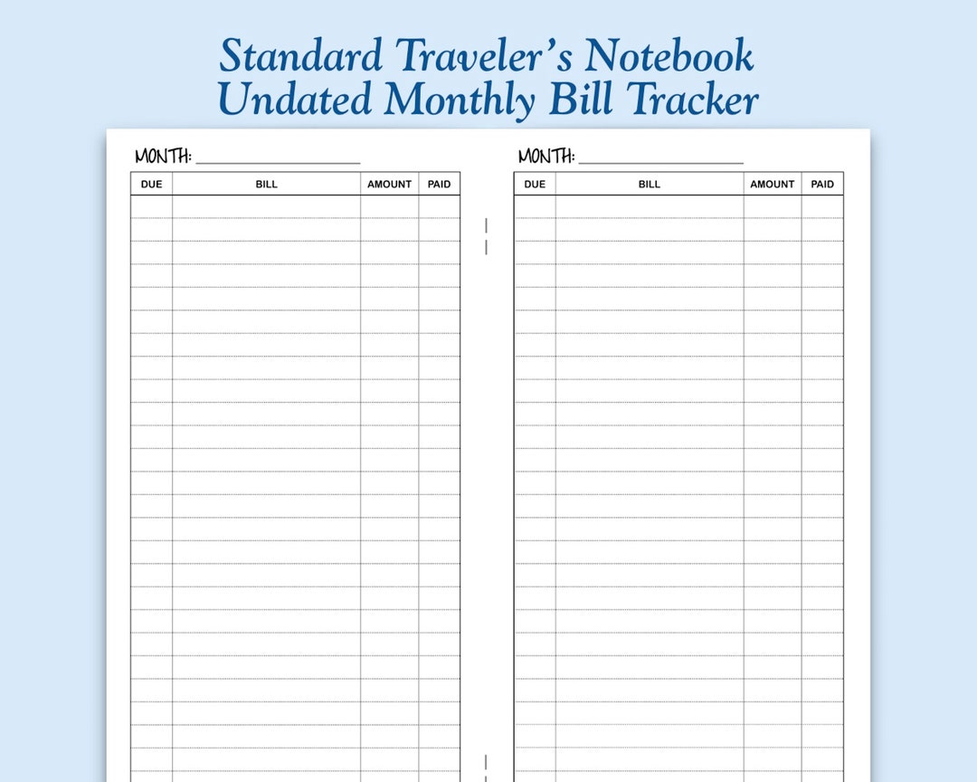 Printed UNDATED Standard Size Bill Tracker Traveler's Notebook Insert ...