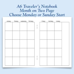 Printed A6 Size Month on Two Page Traveler's Notebook Insert - Choose ...