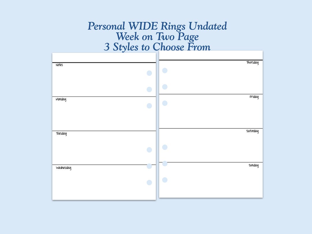 UNDATED Printed Personal WIDE Size Week on Two Page Ring Planner ...