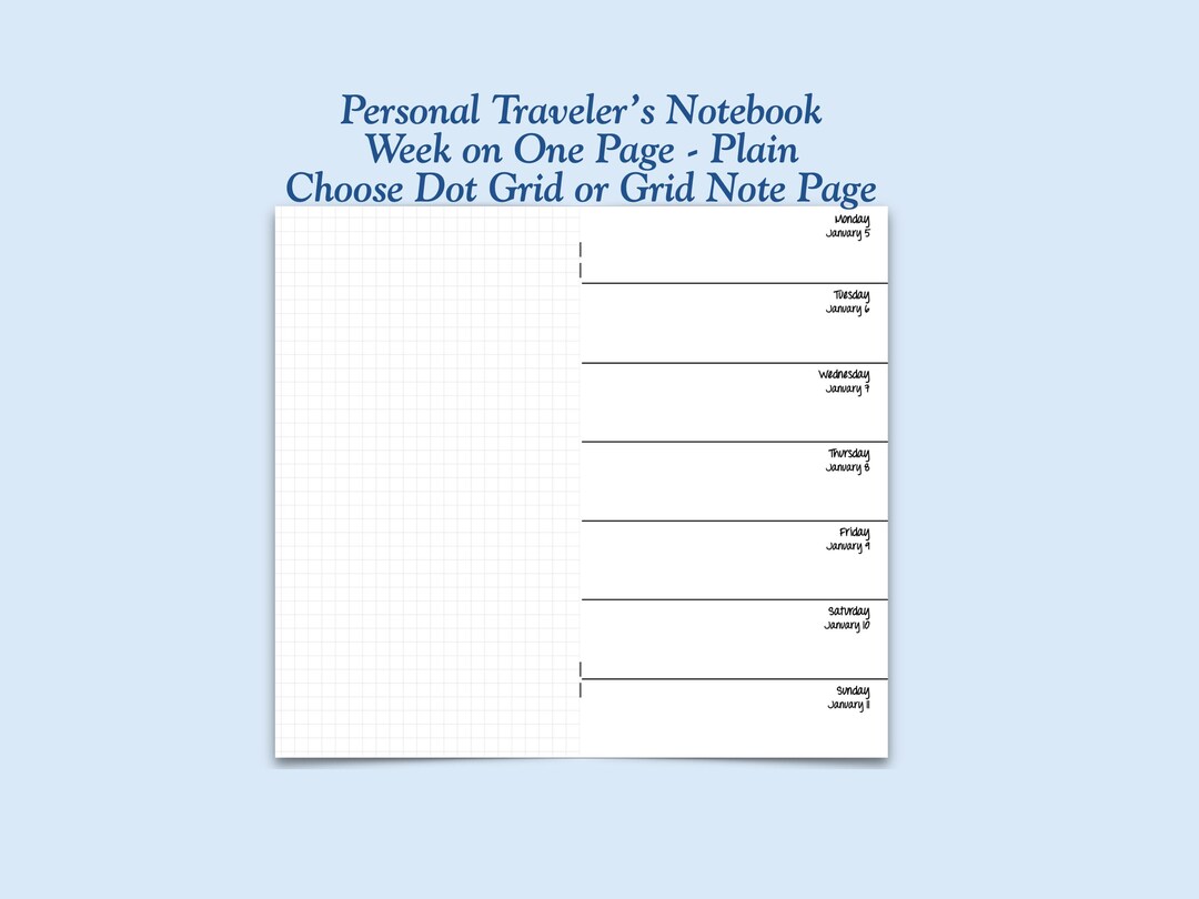 Printed Personal Size Week on One Page Traveler's Notebook Insert ...