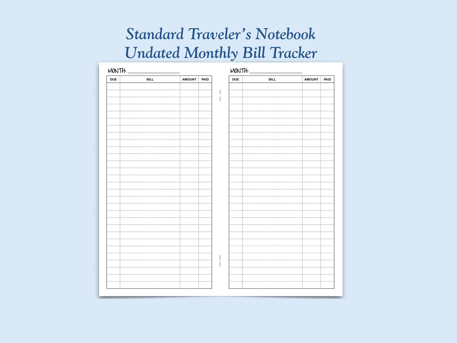 Printed UNDATED Standard Size Bill Tracker Traveler's Notebook Insert ...