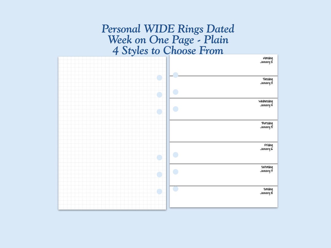DATED Printed Personal WIDE Size Week on One Page Ring Planner Inserts ...