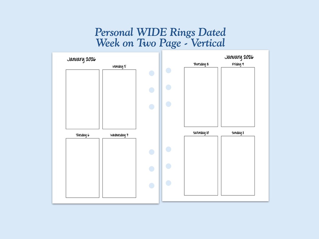 DATED Printed Personal WIDE Size Vertical Week on Two Page Ring Planner ...