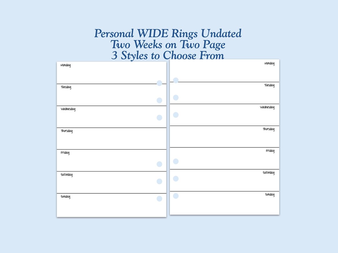 UNDATED Printed Personal WIDE Size Two Weeks on Two Page Ring Planner ...