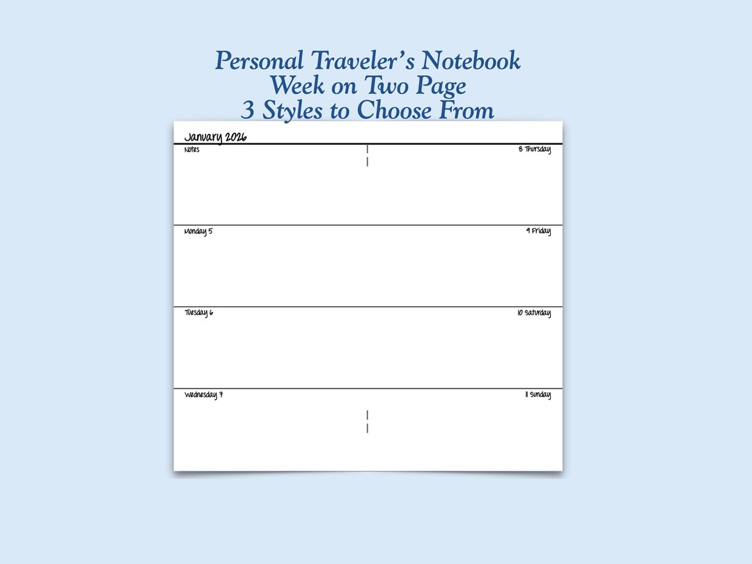 Printed Personal Size Week on Two Page Traveler's Notebook Insert ...