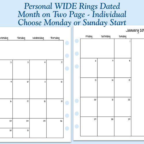 Printed Personal WIDE Month on Two Pages MONDAY-SUNDAY - Etsy