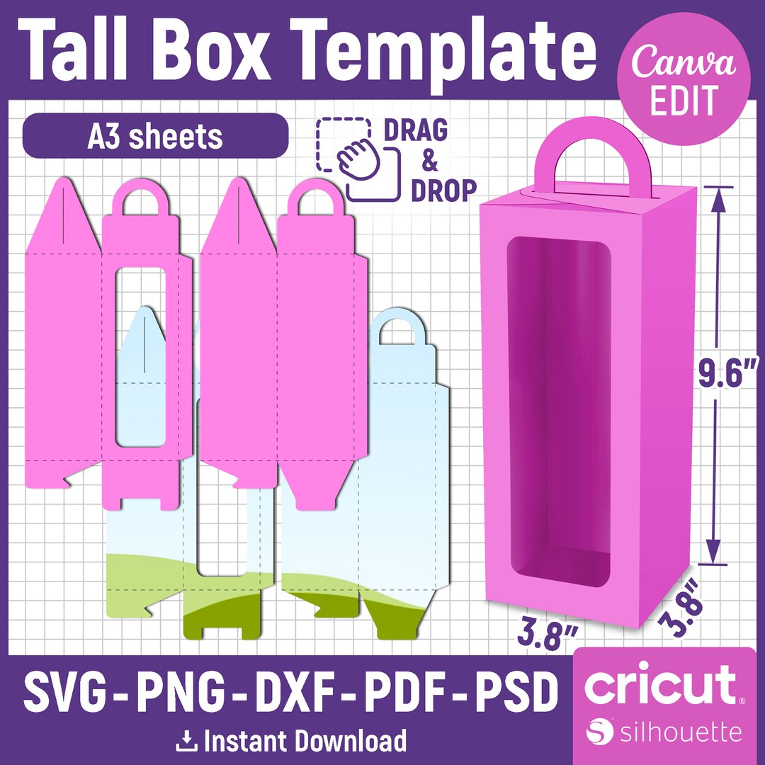9.6" Tall Box Template, Tall Box Svg, Box With Handle Template, Gift ...