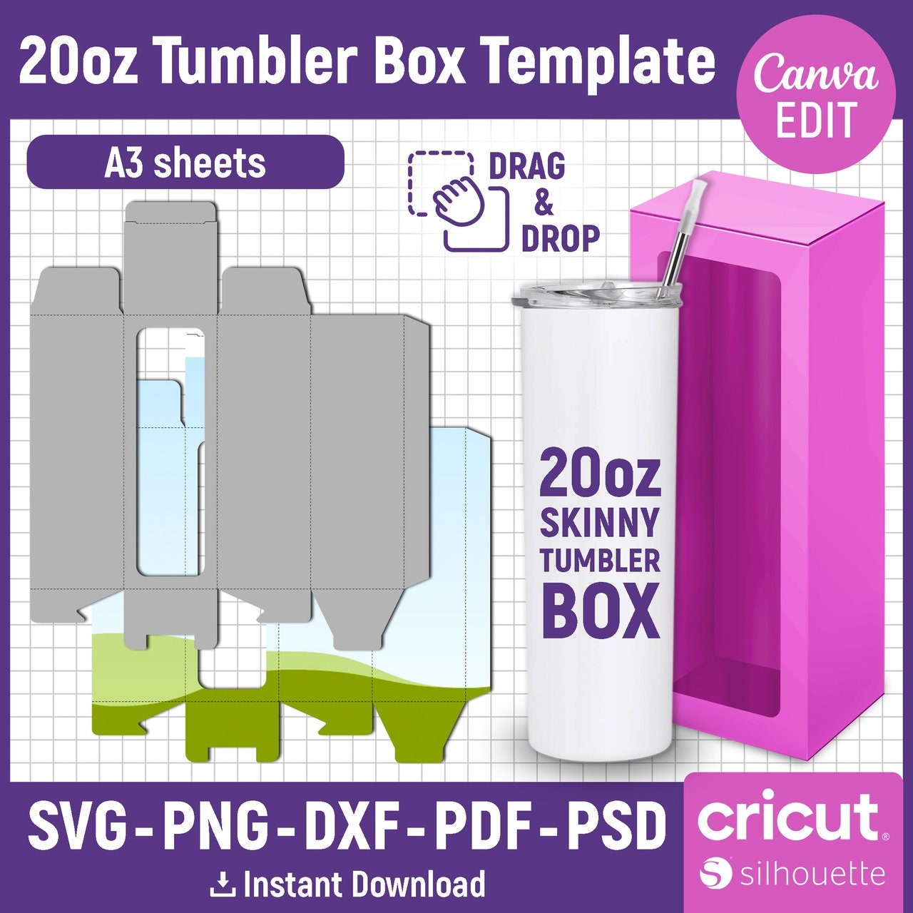 20oz Skinny Tumbler Box Template, Tumbler Box Template, 20oz Tumbler ...