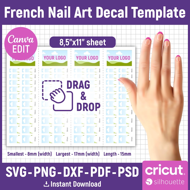 French Tip Nail Art Decal Template, Nail Blank Template, Nail Template ...