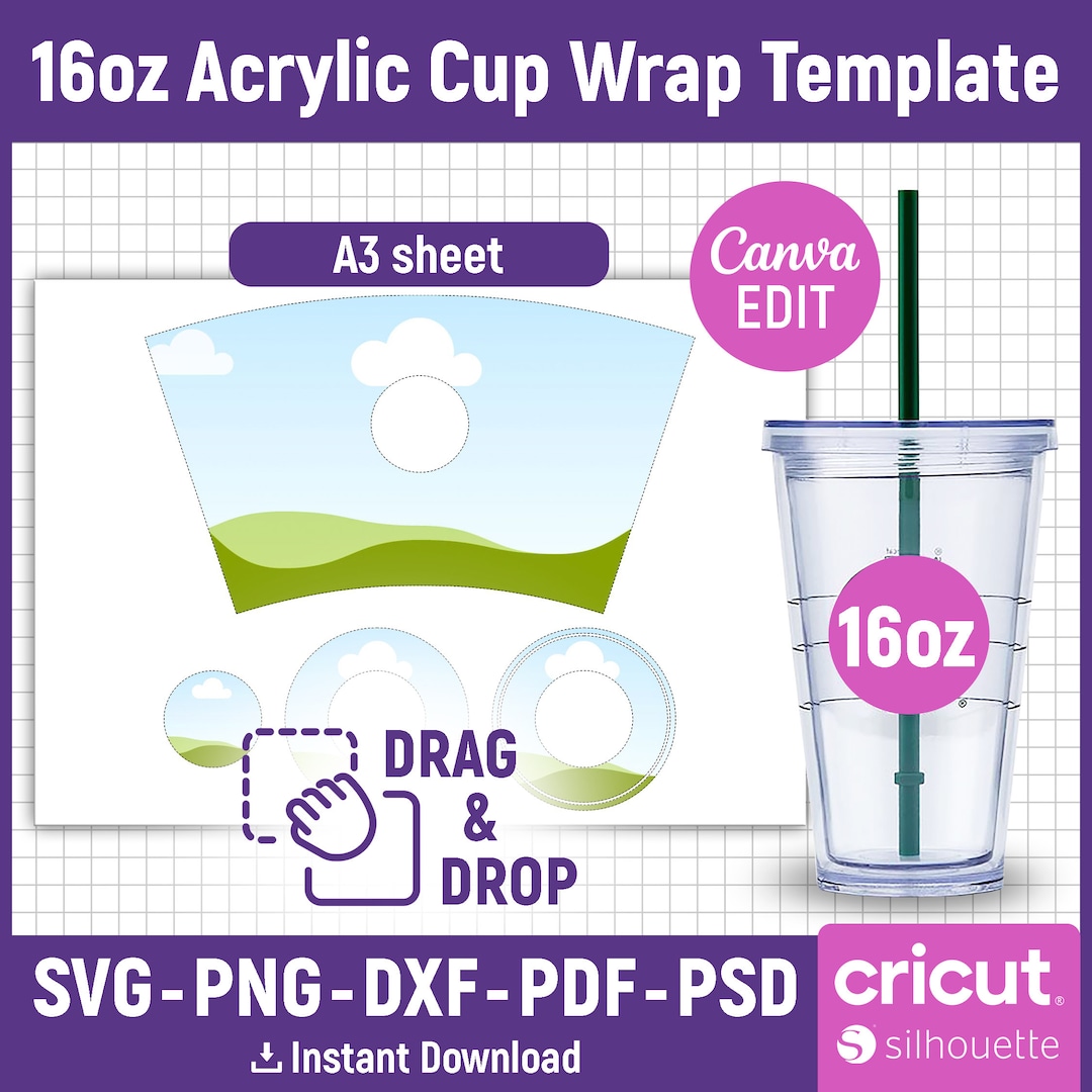 16oz Acrylic Cup Wrap Template, Coffee Cup Template, Coffee Cold Cup ...