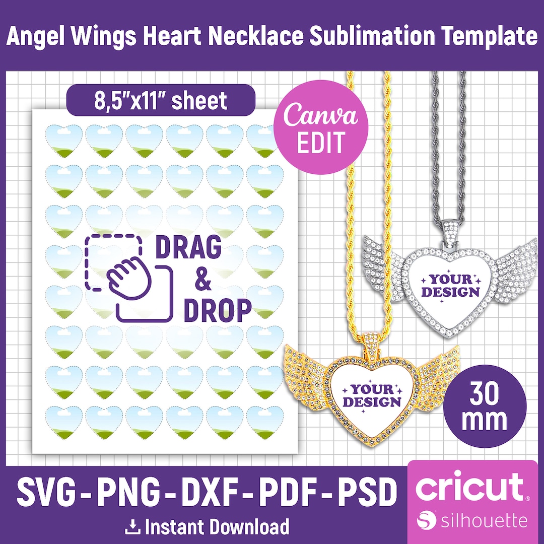 Angel Wings Heart Necklace Sublimation Template, Wing Photo Charms ...