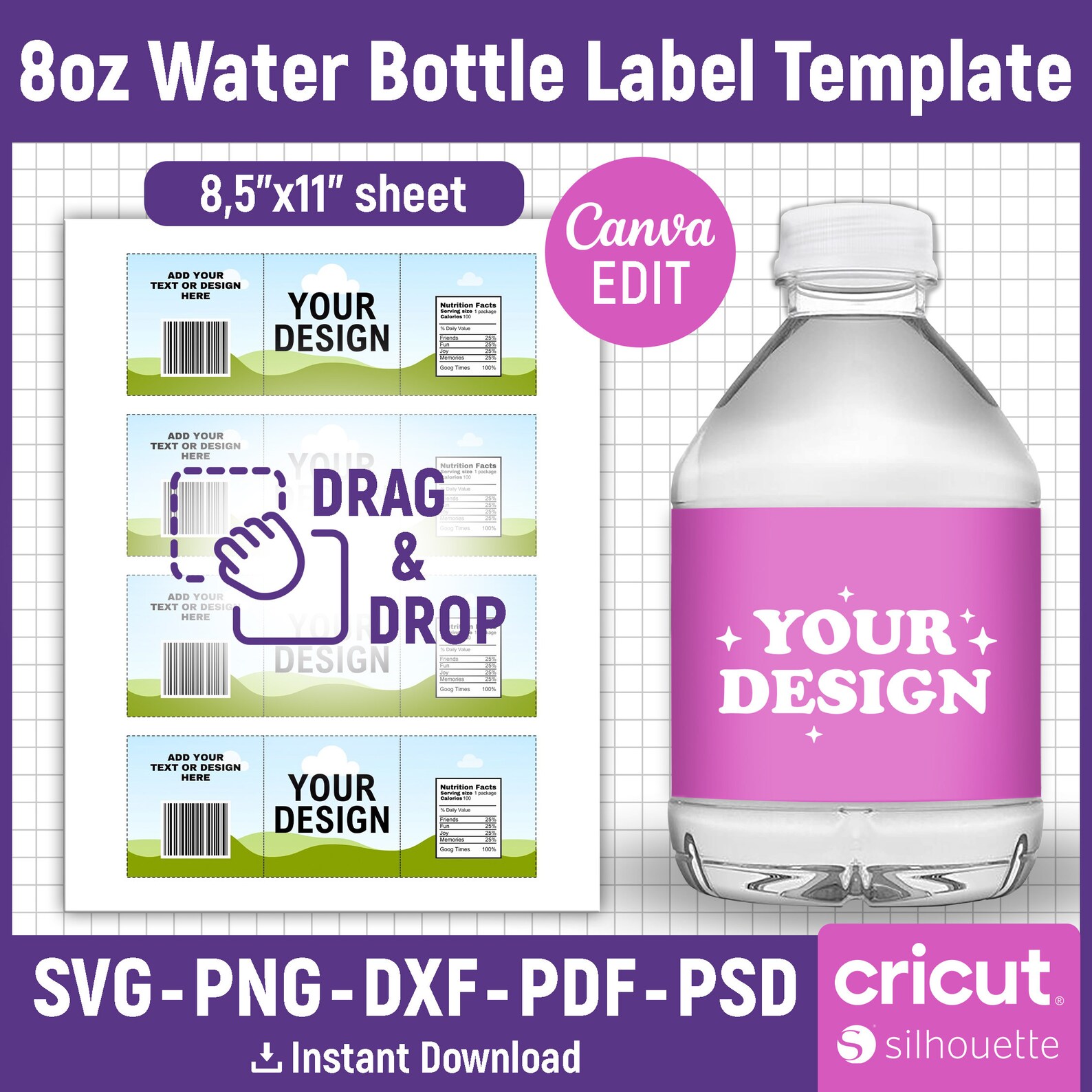 8oz Water Bottle Label Blank Template, Water Bottle Label Template, DIY ...