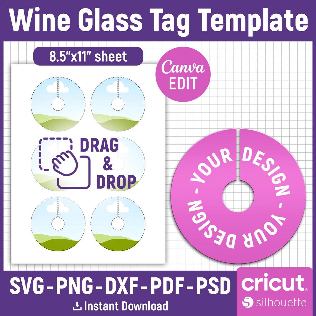 3" Wine Glass Tag Template, Wine Glass Name Tag Template, Glass Charm ...