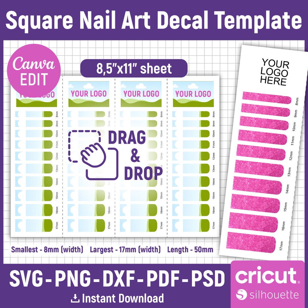 50mm Square Nail Art Decal Template, Nail Blank Template, Nail Template ...