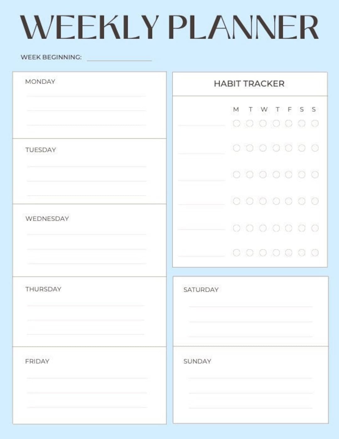 Simple Blue Printable Weekly Planner With Habit Tracker - Etsy