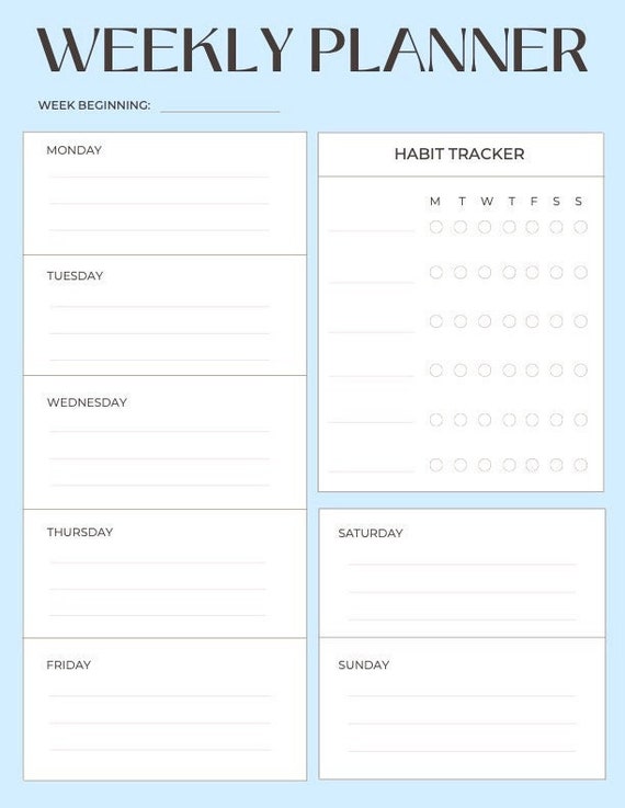 Simple Blue Printable Weekly Planner With Habit Tracker - Etsy