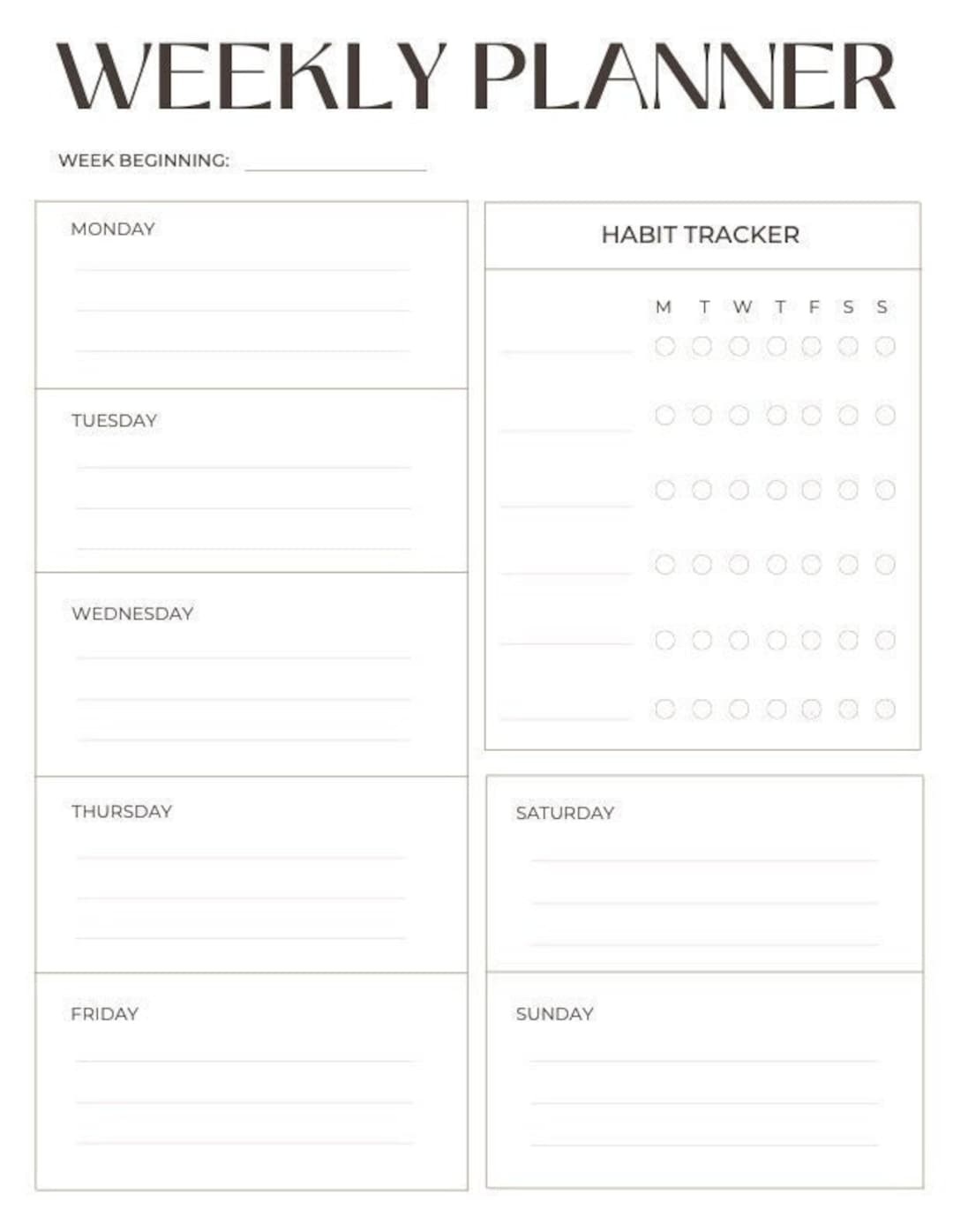 Simple Printable Weekly Planner With Habit Tracker - Etsy