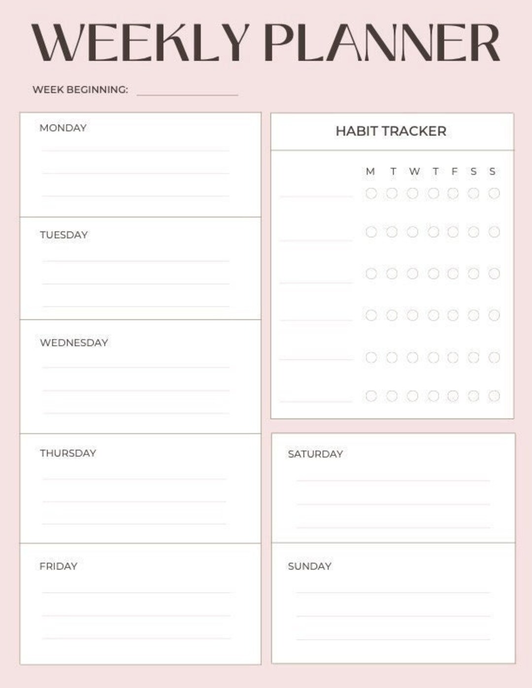 Simple Pink Printable Weekly Planner With Habit Tracker - Etsy
