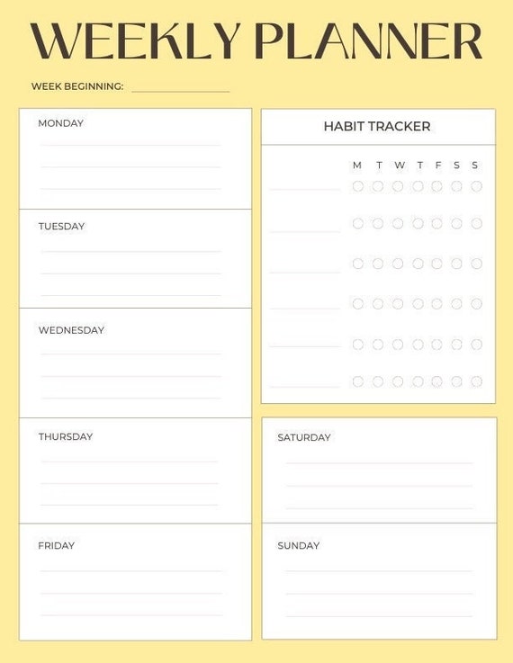 Simple Yellow Printable Weekly Planner With Habit Tracker - Etsy