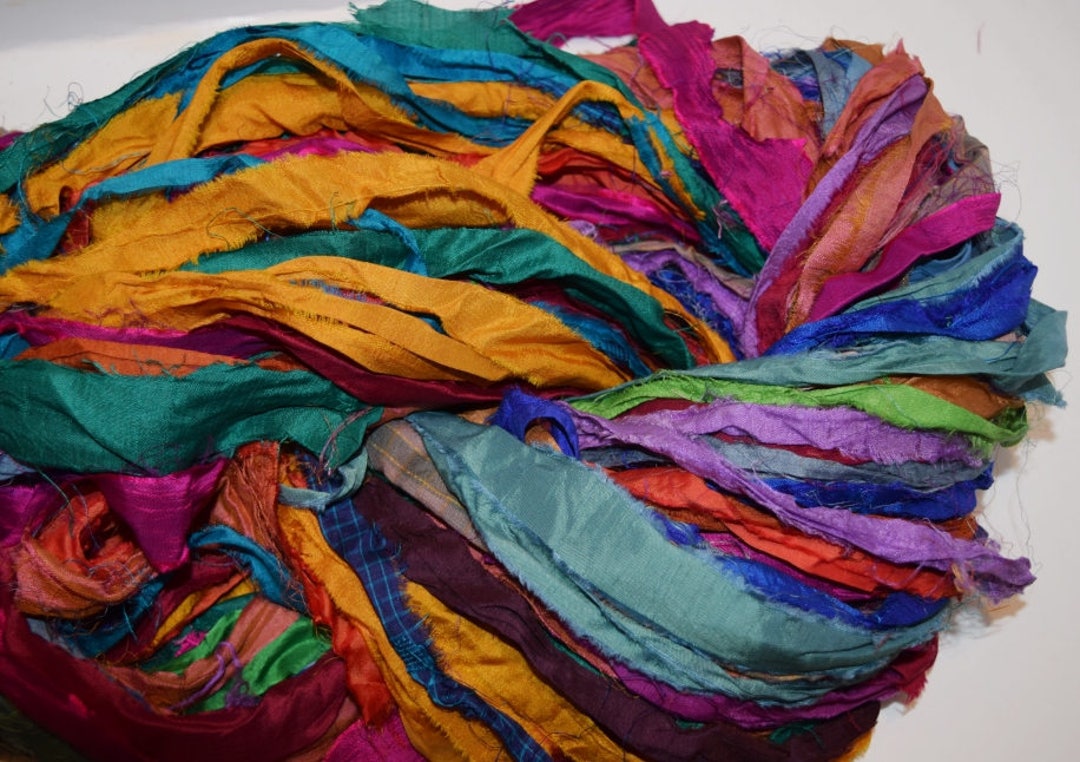 No Tariff! 10 Yards Bright Recycled Sari Silk Ribbon Yarn: Upcycled ...