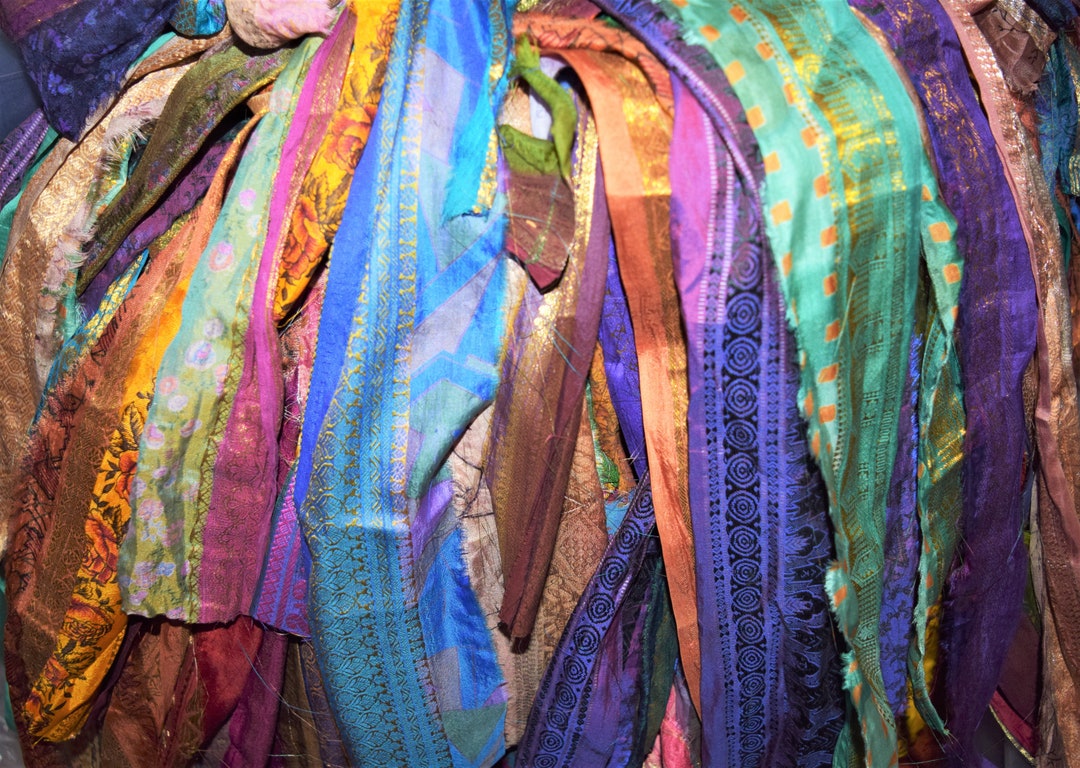 5 Yards Recycled Sari Silk Ribbon Yarn: Zari Lurex Fabric Beads - Etsy