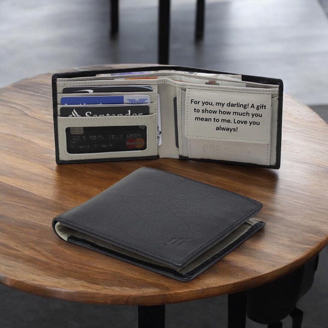 Personalised Engraved Customized Leather Wallet Mens/boys Compact RFID ...