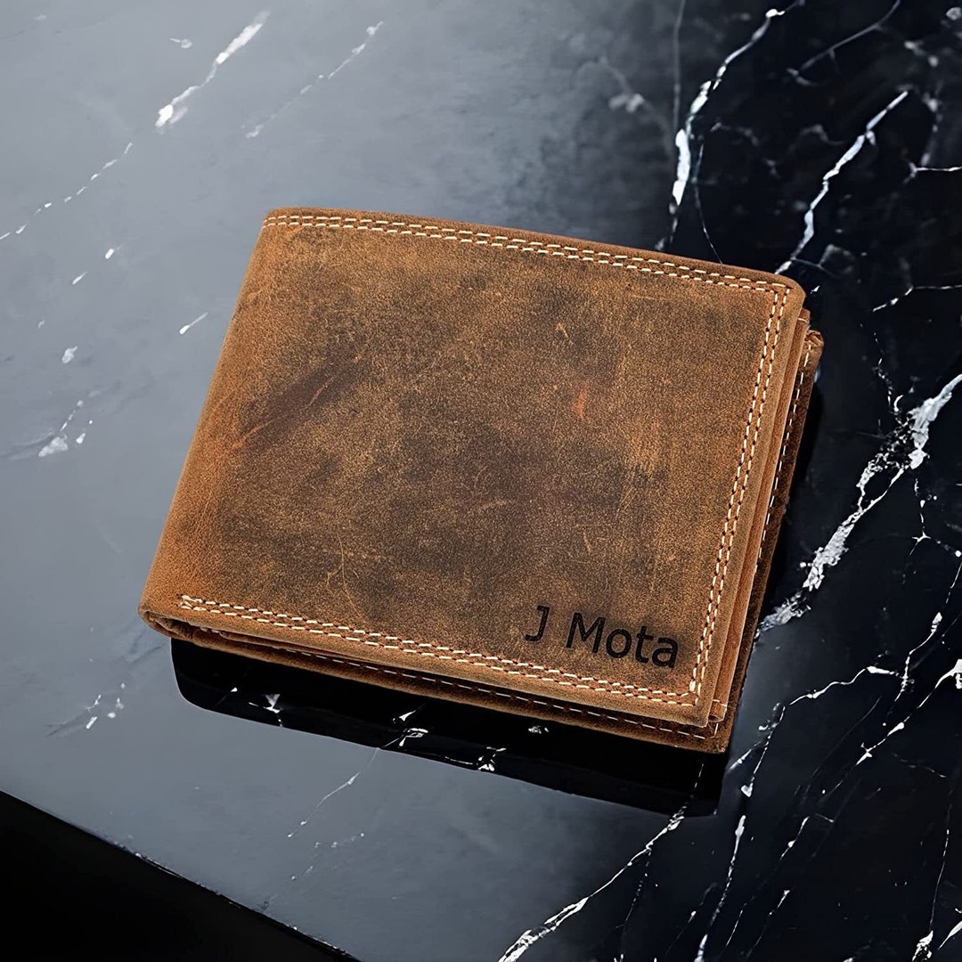 Personalized Name Initials Wallet, Engraved Brown Leather Bifold, RFID ...
