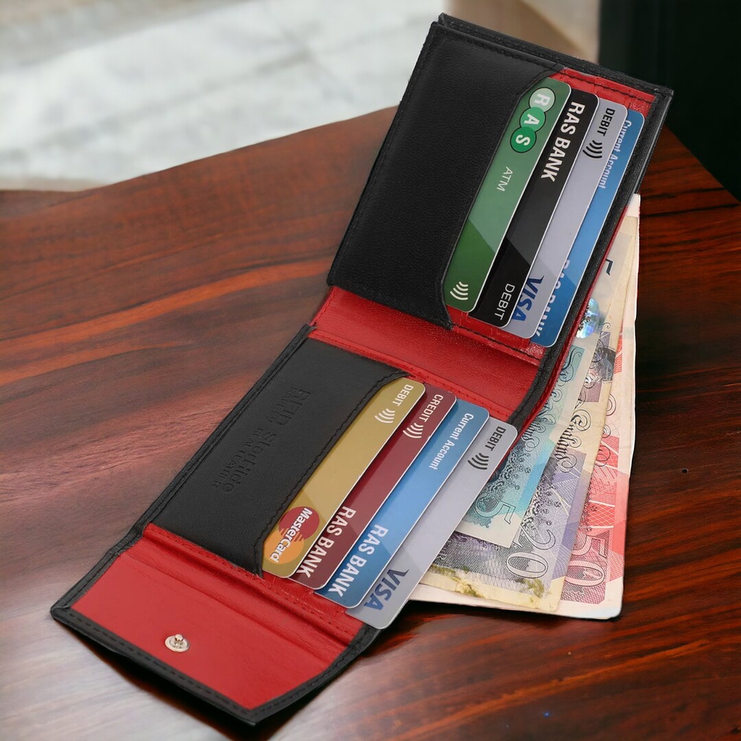 Men's Wallet Black Red Soft Genuine Leather Wallet RFID SAFE ...