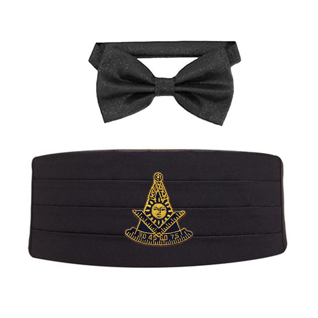 PAST MASTER Cummerbund Set Black With Solid Bow Ties Embroidered Logo ...
