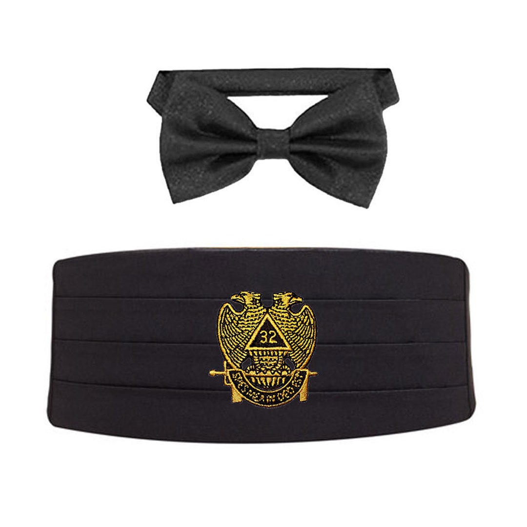 SCOTTISH RITE 32nd CUMMERBUND Set Black With Solid Bow Ties Embroidered ...