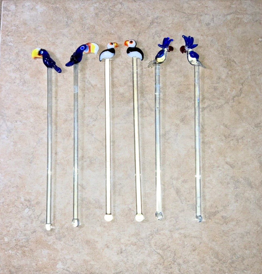 Lot of 6 Hand Blown Glass Birds Swizzle Stir Stick Cockatoo Stirrer ...