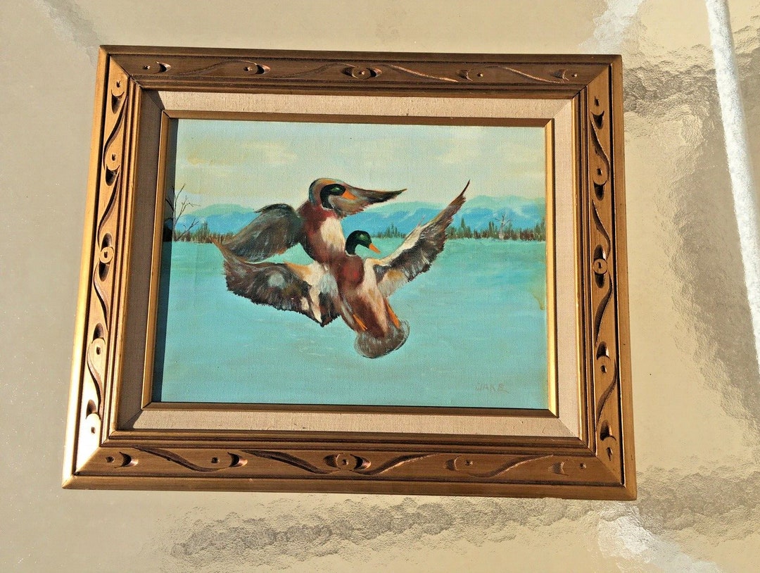 Vintage Still Life Ducks in Flight Oil Painting on Canvas in Wooden ...