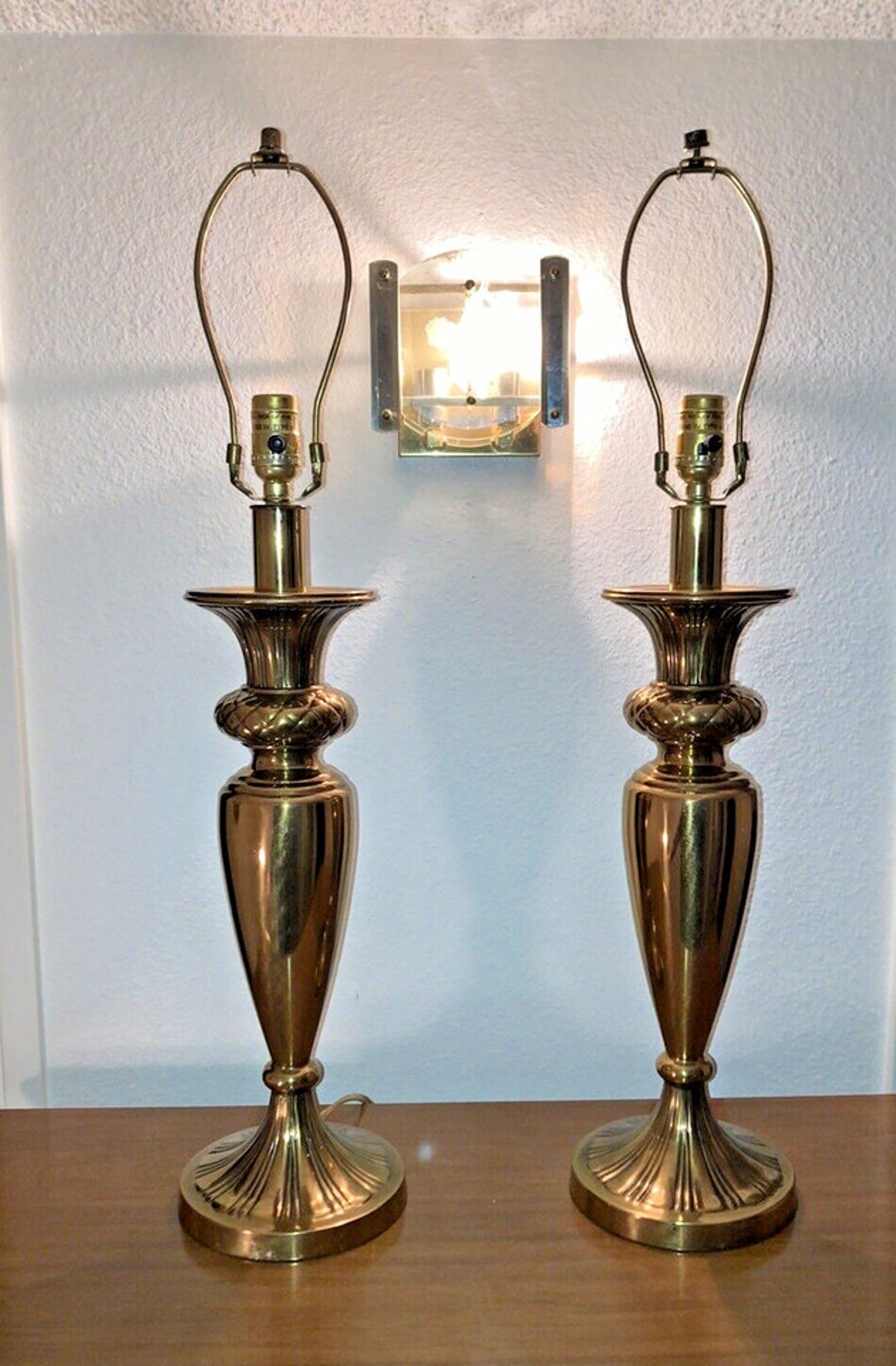 Pair Vintage Shiny Brass Trophy Table Lamps BOHO Hollywood Regency ...