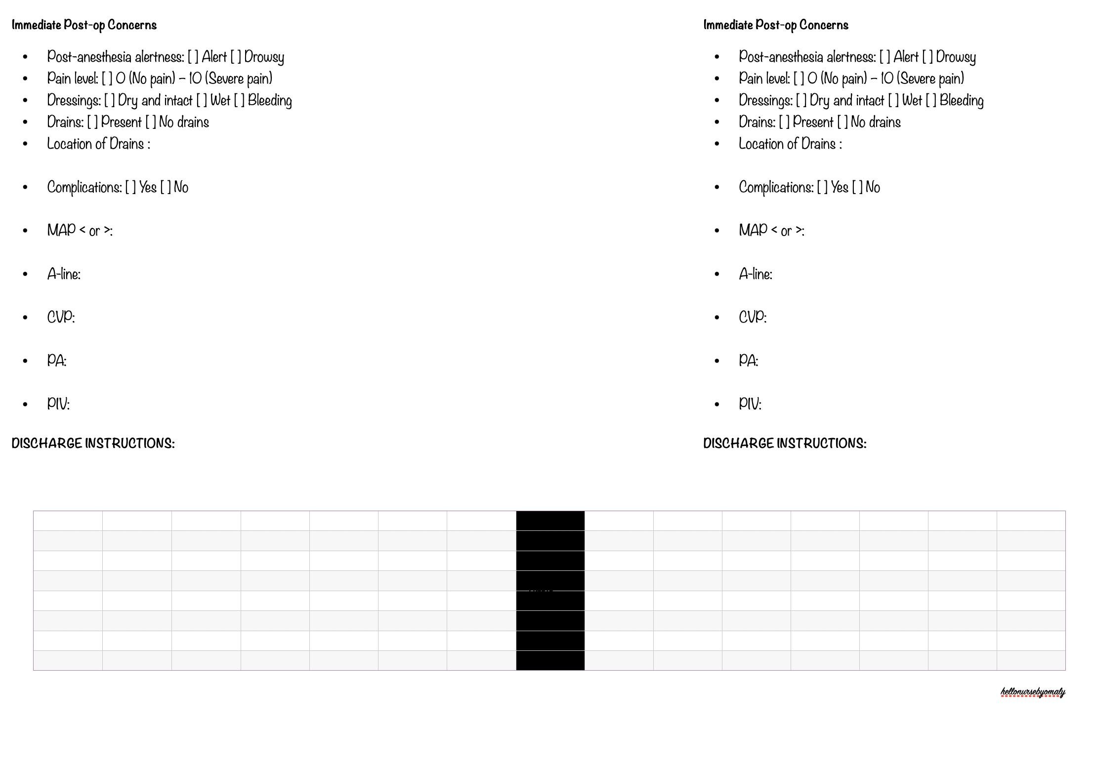 Preop / PACU Nurse Report Sheet for 2 Patients, Periop, Preop, Intraop ...