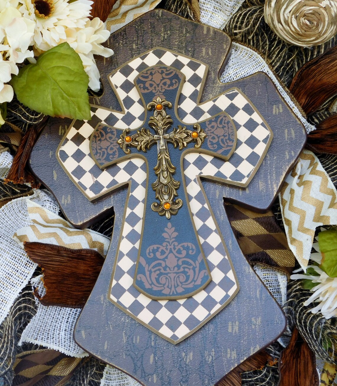 Harlequin Metal and Wooden Cross Deco Mesh Wreath Front | Etsy