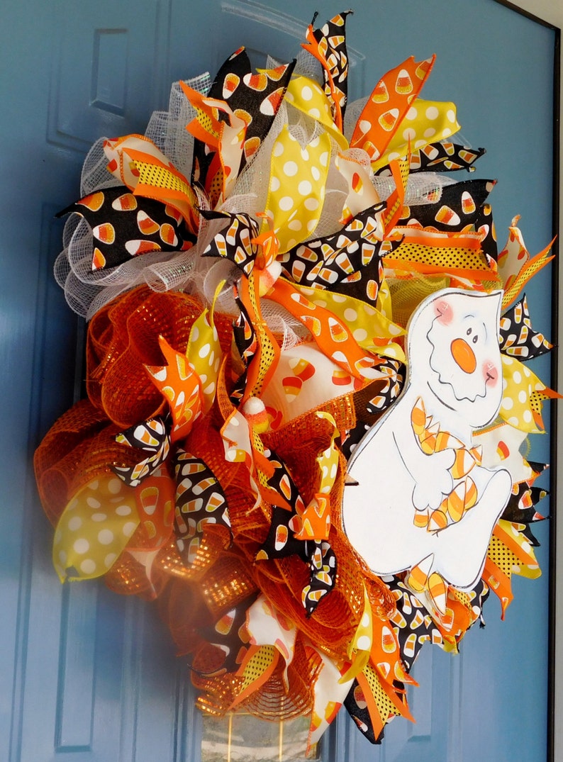 Wooden Handpainted Ghost with Candy Corn Deco Mesh Wreath | Etsy